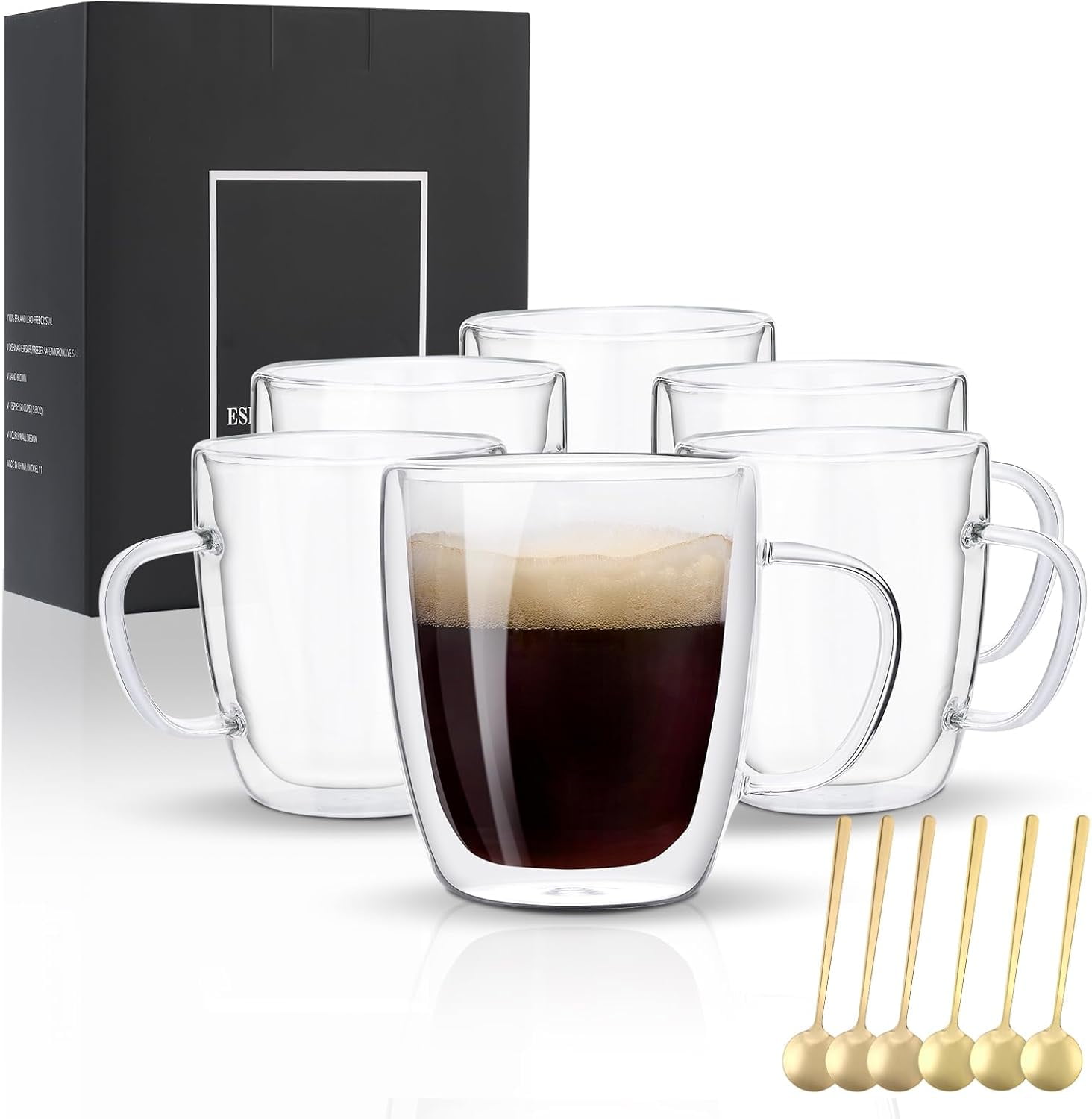 Glass Coffee Mugs Set Of 6, 13.5 OZ Insulated Double Wall Coffee Cups ...