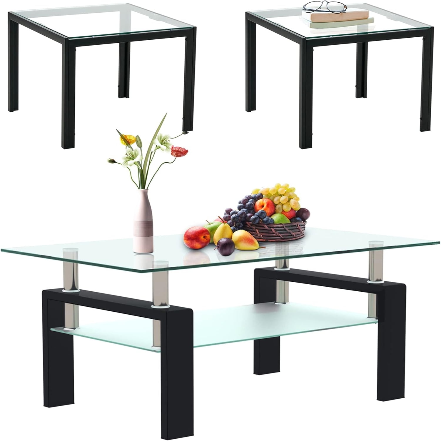 Glass Coffee Room Mordern 2 Layer Sofa Center Tables with Rectangle ...