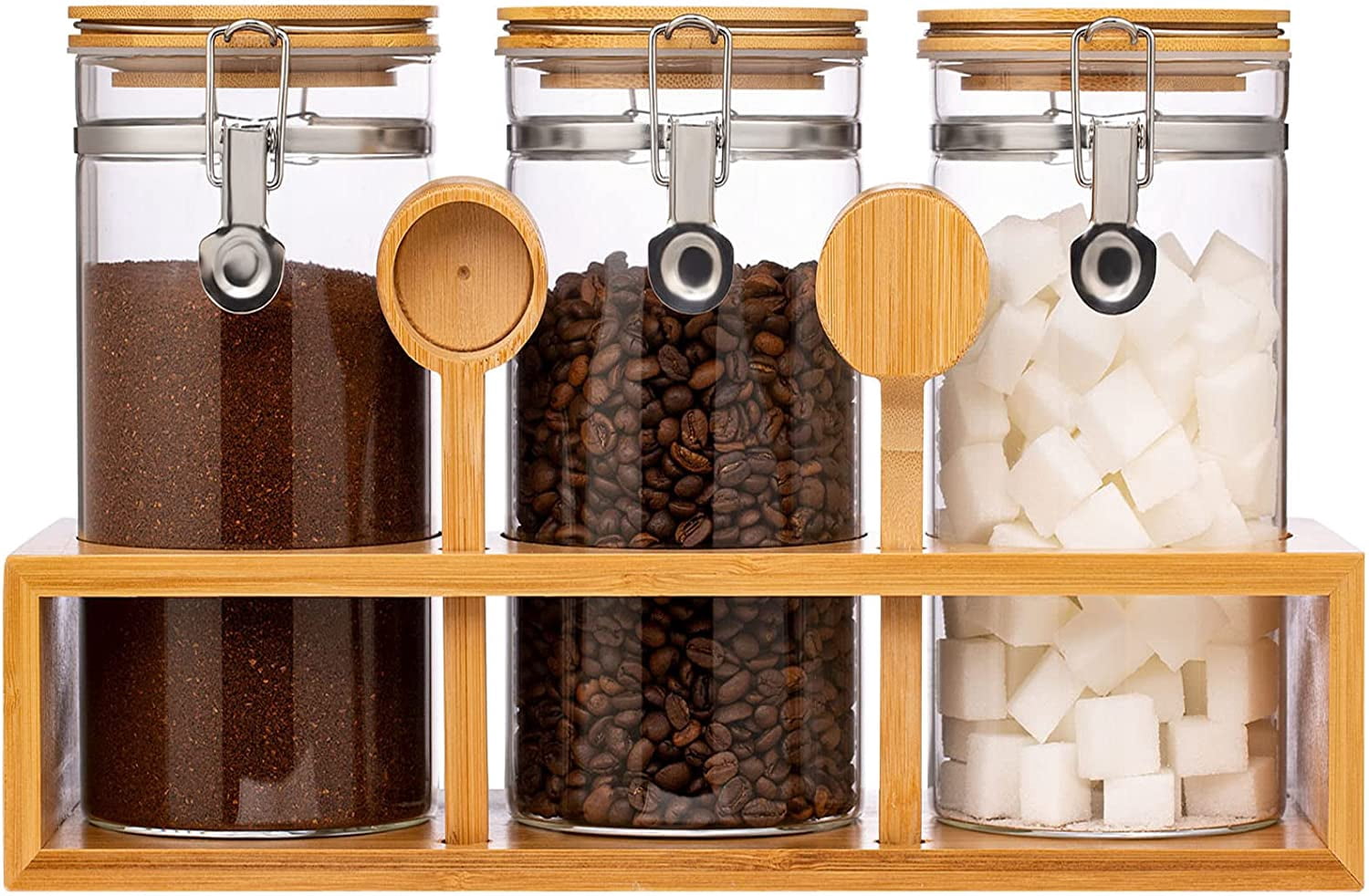 Glass Coffee Sugar Containers with Shelf, 3 x 45 OZ Coffee Bean Storage ...