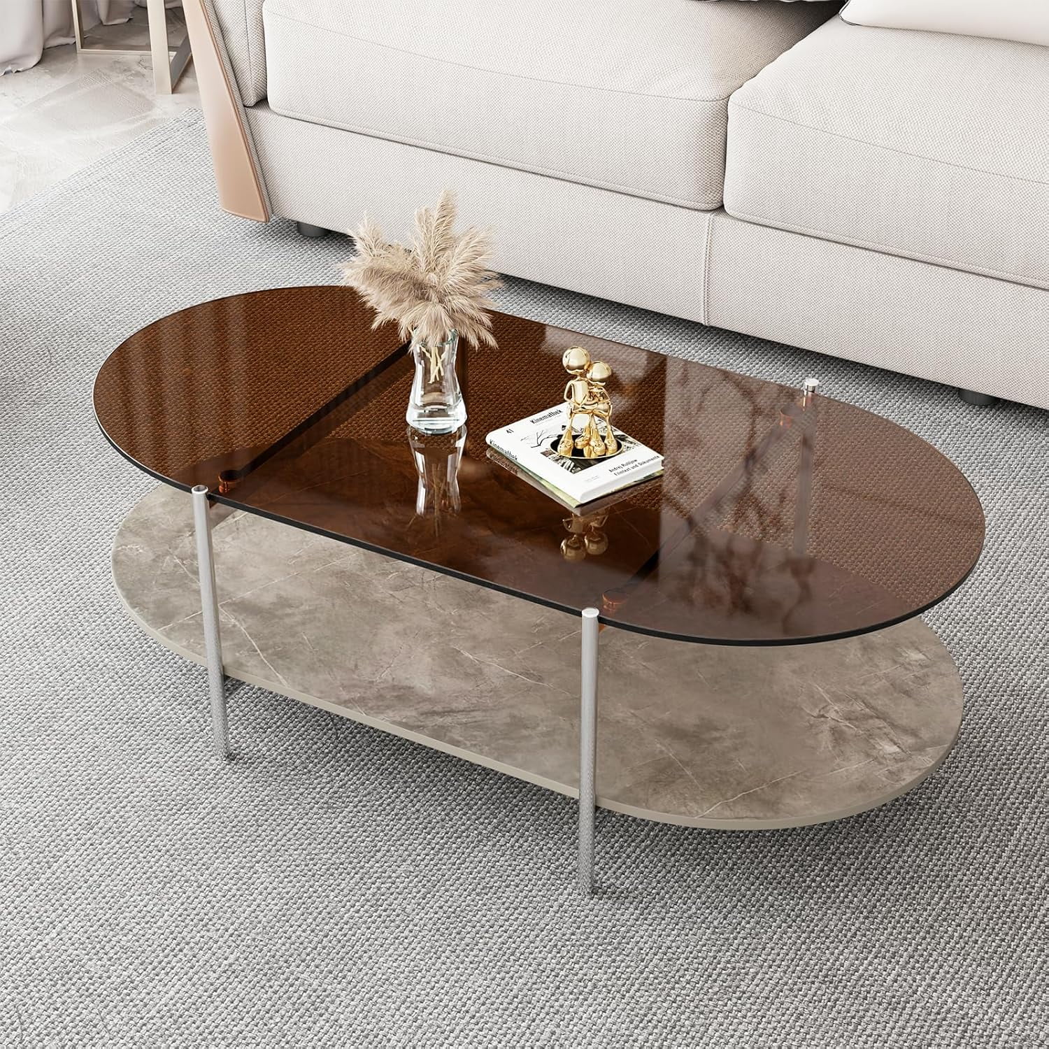 Tempered Glass & MDF Wood Coffee Table, 2-Tier Modern Side Table with ...