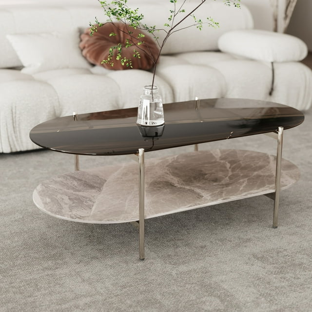 Walmart 2-Tier Glass & Slate Stone Coffee Table, Modern Oval Center ...