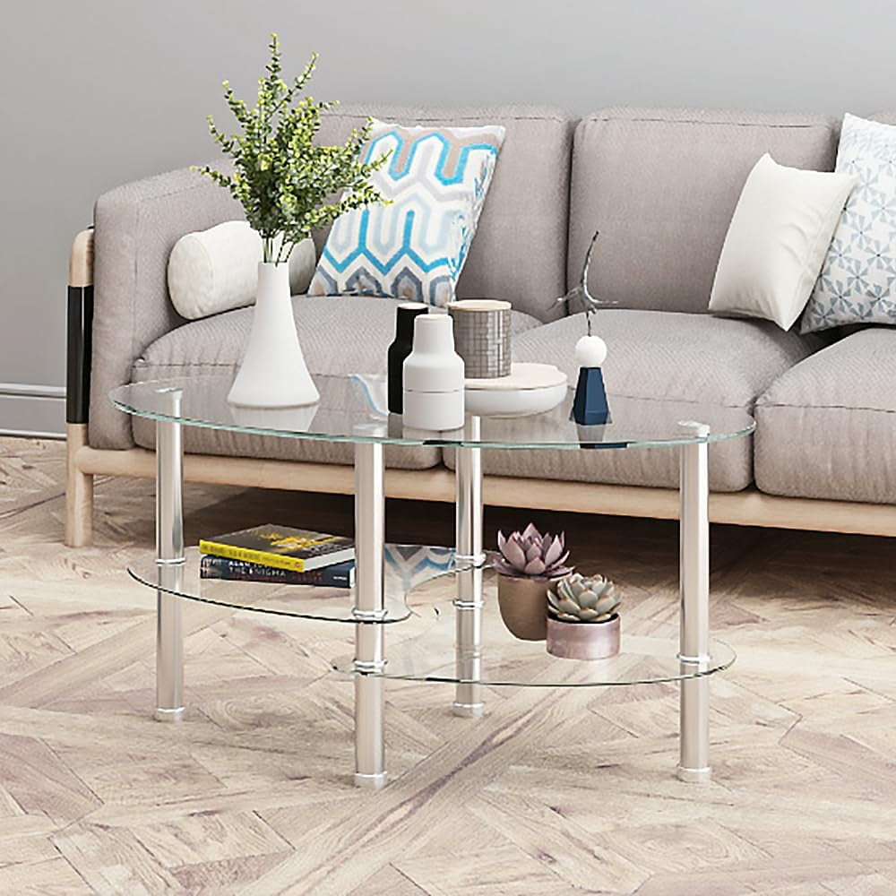Glass Coffee Table, 2-Tier Modern Oval Smooth Glass Tea Table End Table ...