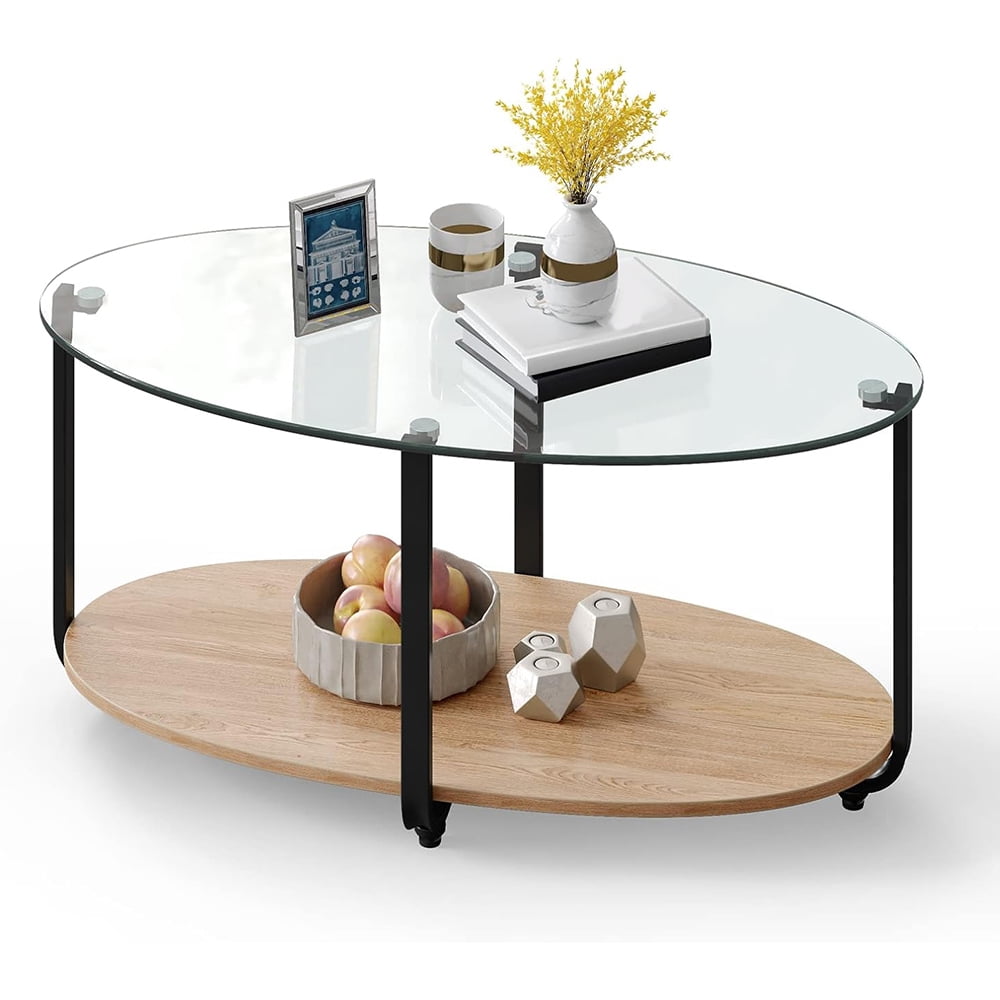 Glass Coffee Table, 2 Tier Oval Tea Table with Tempered Glass Tabletop ...