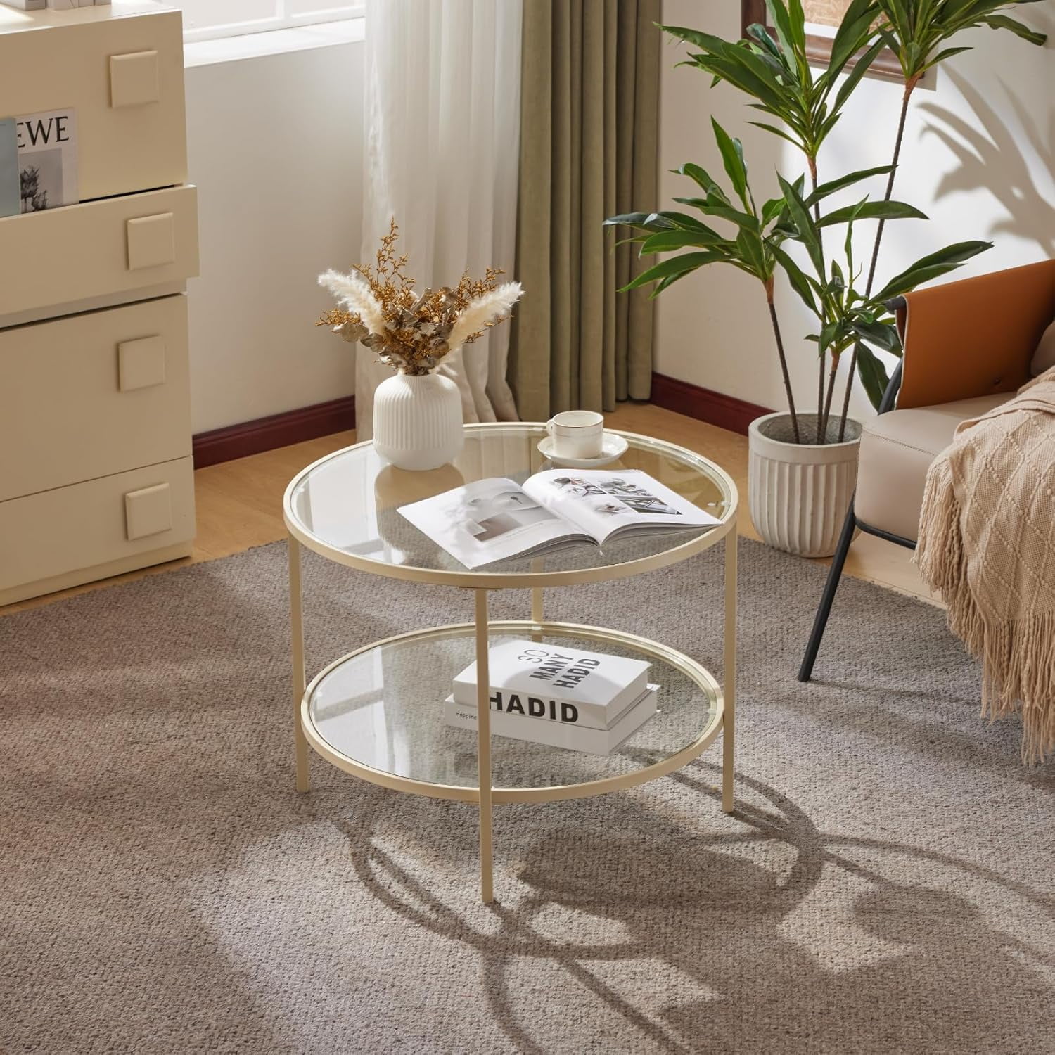 Glass Coffee Table, 25.6" Round Coffee Table, Transparent Glass Coffee ...