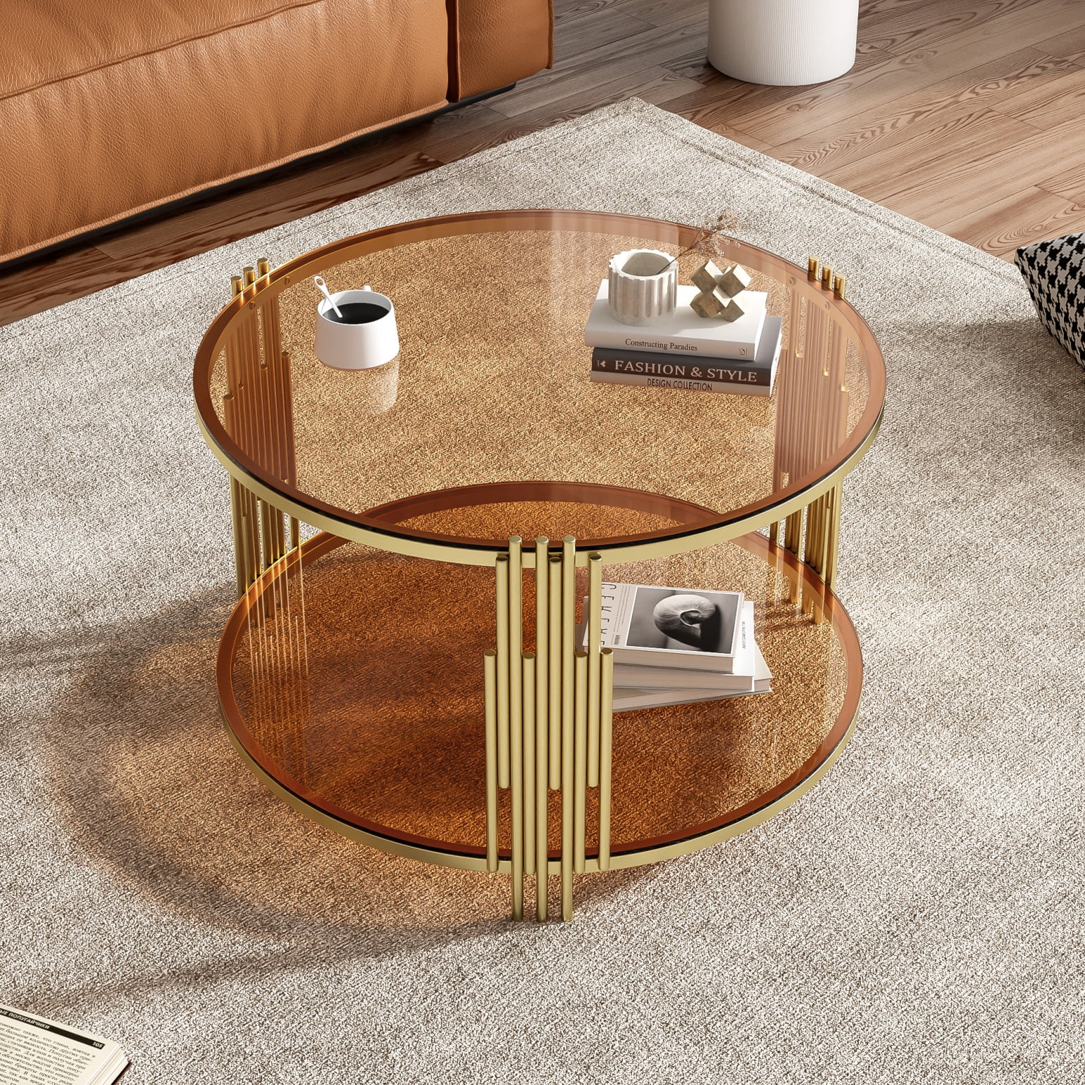 Glass Coffee Table, 31.5" Round Coffee Table with Asymmetrical Metal ...