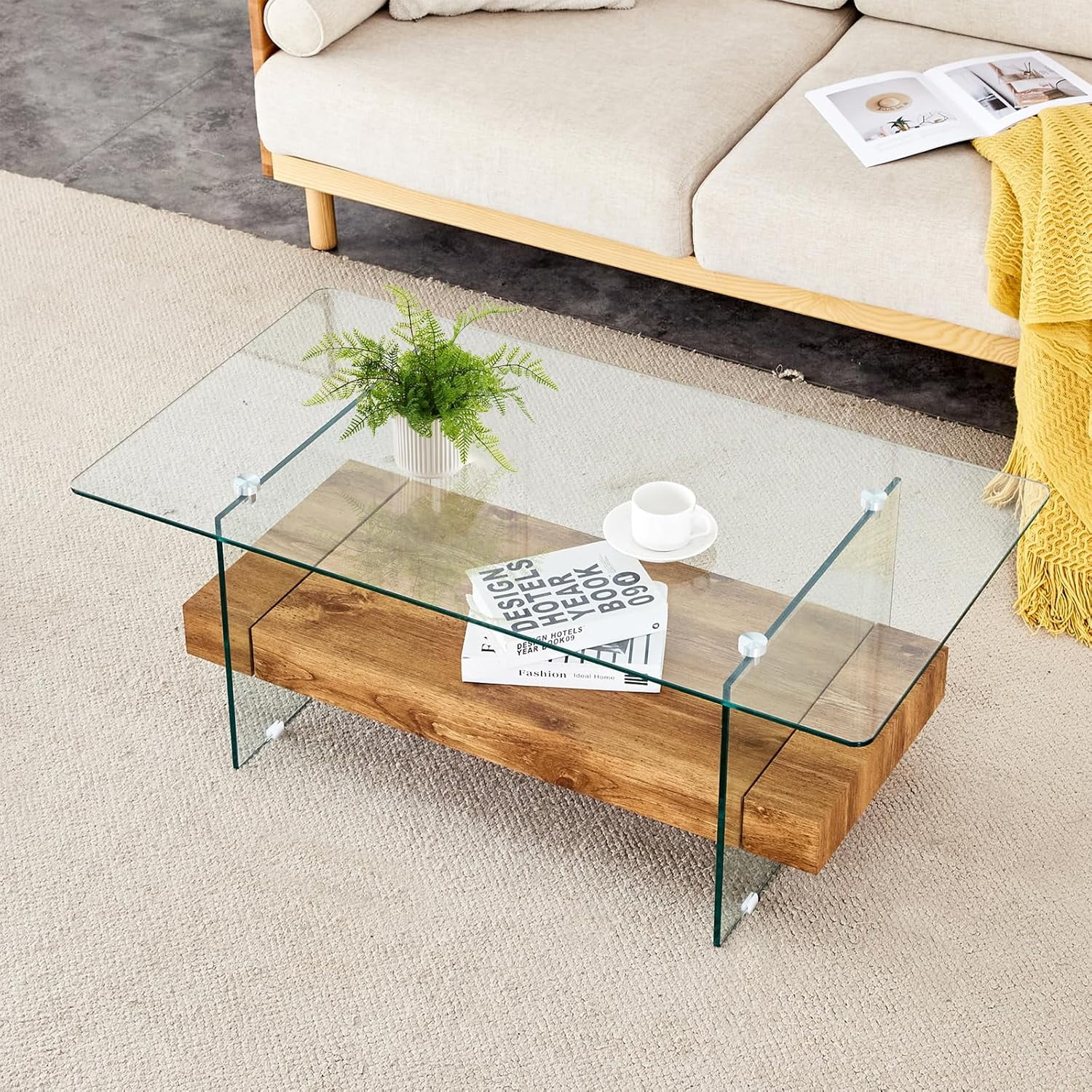 Glass Coffee Table, 43.3 Inch 2-Tier Glass Coffee Tables for Living ...