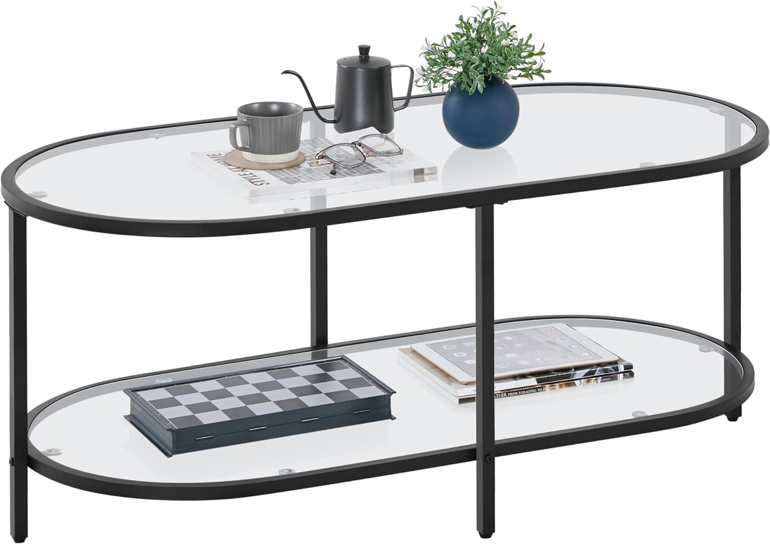 Glass Coffee Table, Black Small Center Table with Storage Shelf for ...