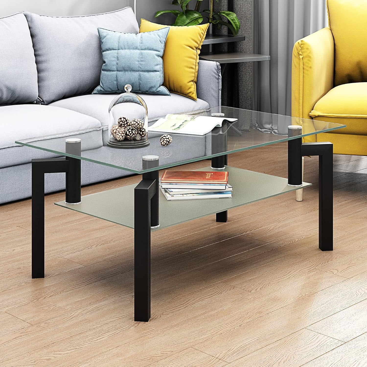 Glass Coffee Table for Living Room, End Table 2-Layer Side Tables with ...