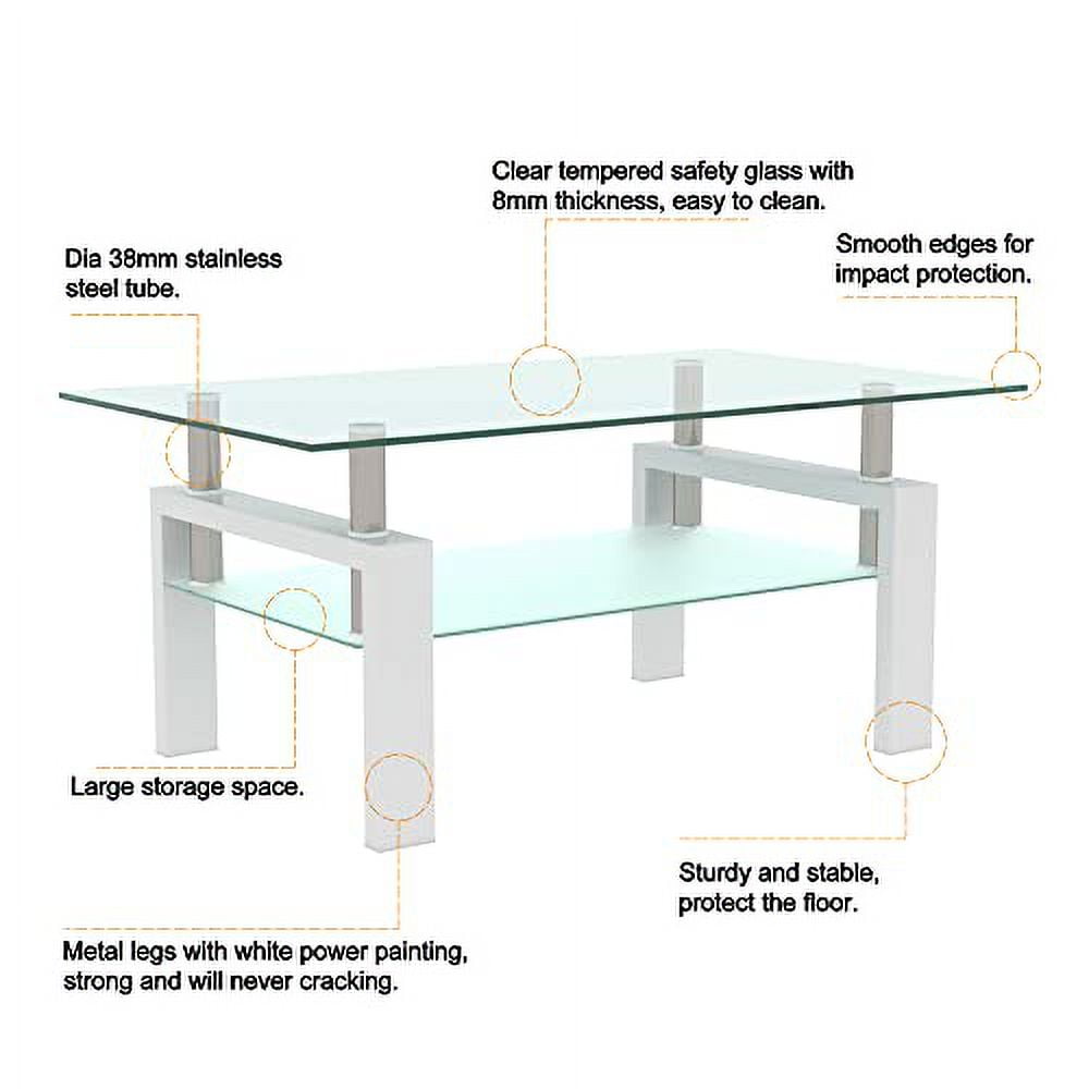 Glass Coffee Table for Living Room, Mordern 2 Layer Sofa Center Tables with Rectangle Tempered ...