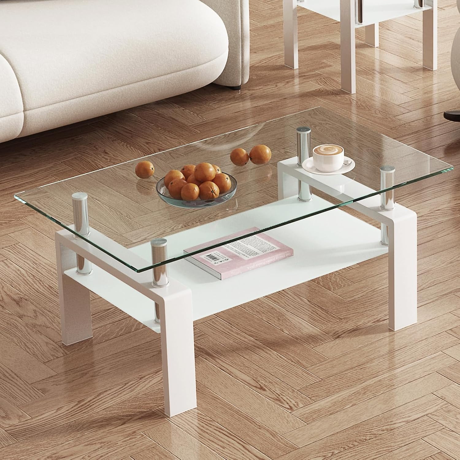 Glass Coffee Table for Living Room, Mordern Cocktail Table White 2 Layer Sofa Center Tables with ...