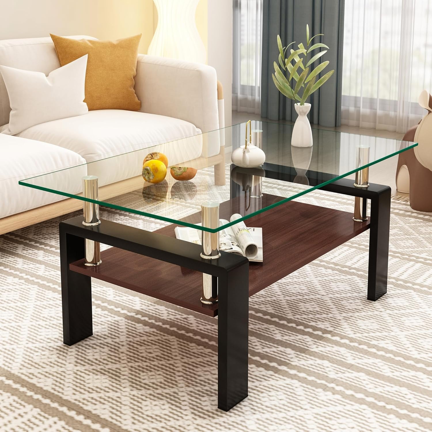 Glass Coffee Table for Living Room, Rectangle Glass Coffee Table with ...
