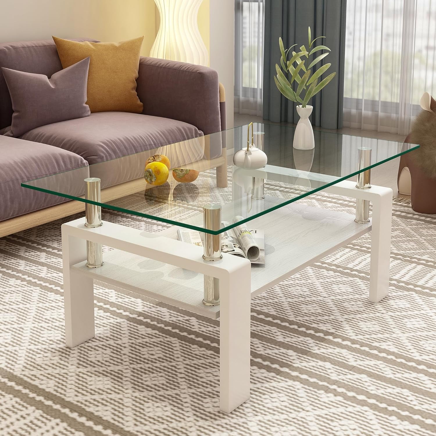 Glass Coffee Table for Living Room, Rectangle Glass Coffee Table with ...