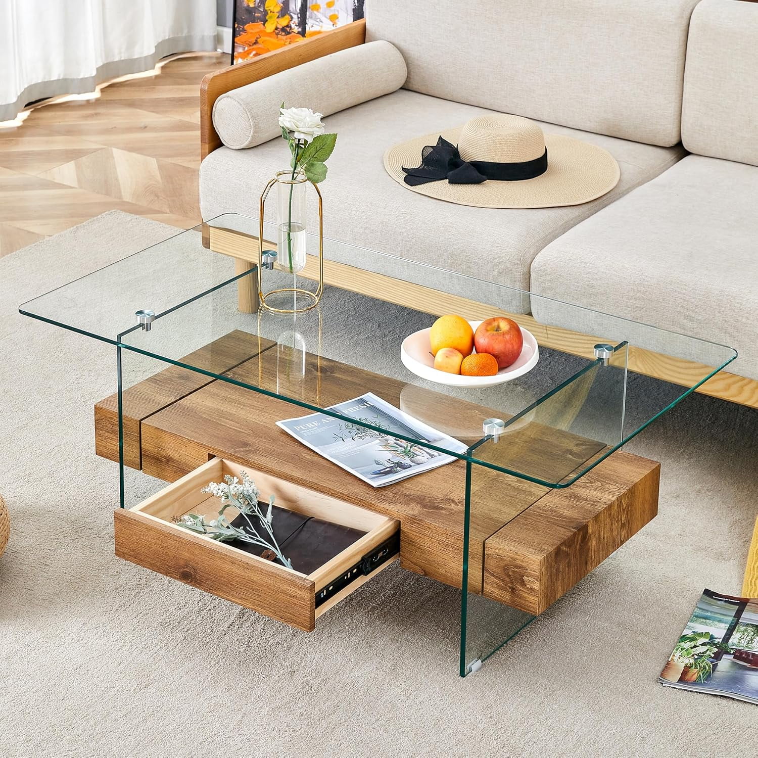 Glass Coffee Table for Living Room, Wood Rectangle Coffee Table with ...