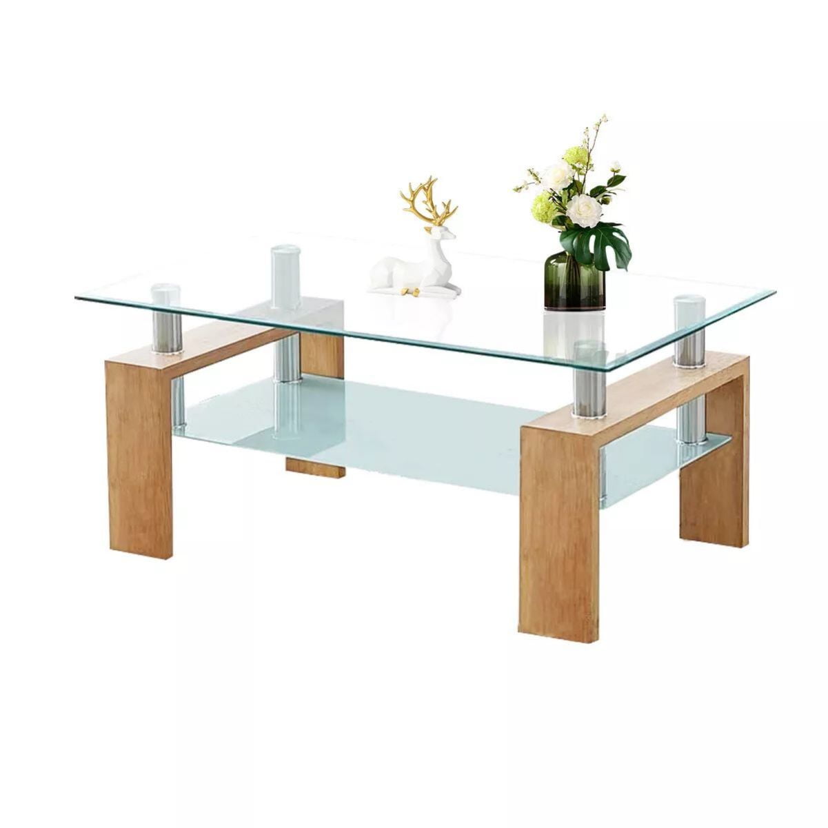 Glass Coffee Table with Lower Shelf, Clear Rectangle Coffee Table ...