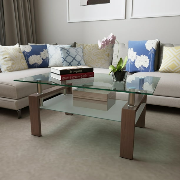 Glass Coffee Table with Lower Shelf, SEGMART Clear Rectangle Glass ...