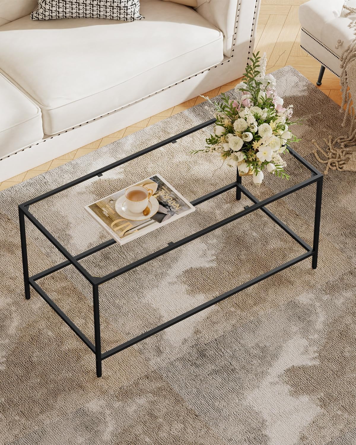 Glass Coffee Table, Modern Rectangular Black Coffee Table for Living ...