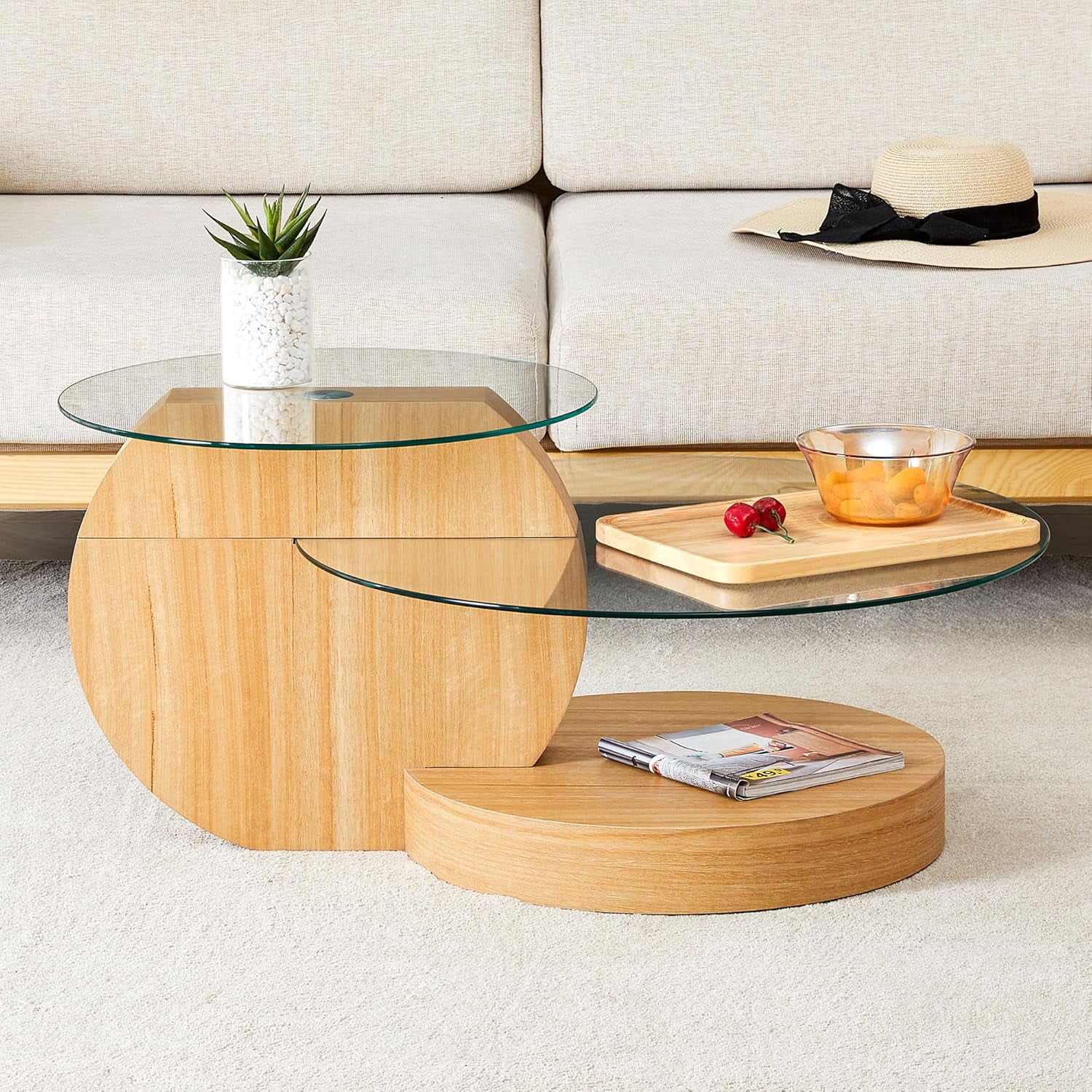 Glass Coffee Table,Modern Round Coffee Tables, 3-Tier Circle Wood ...