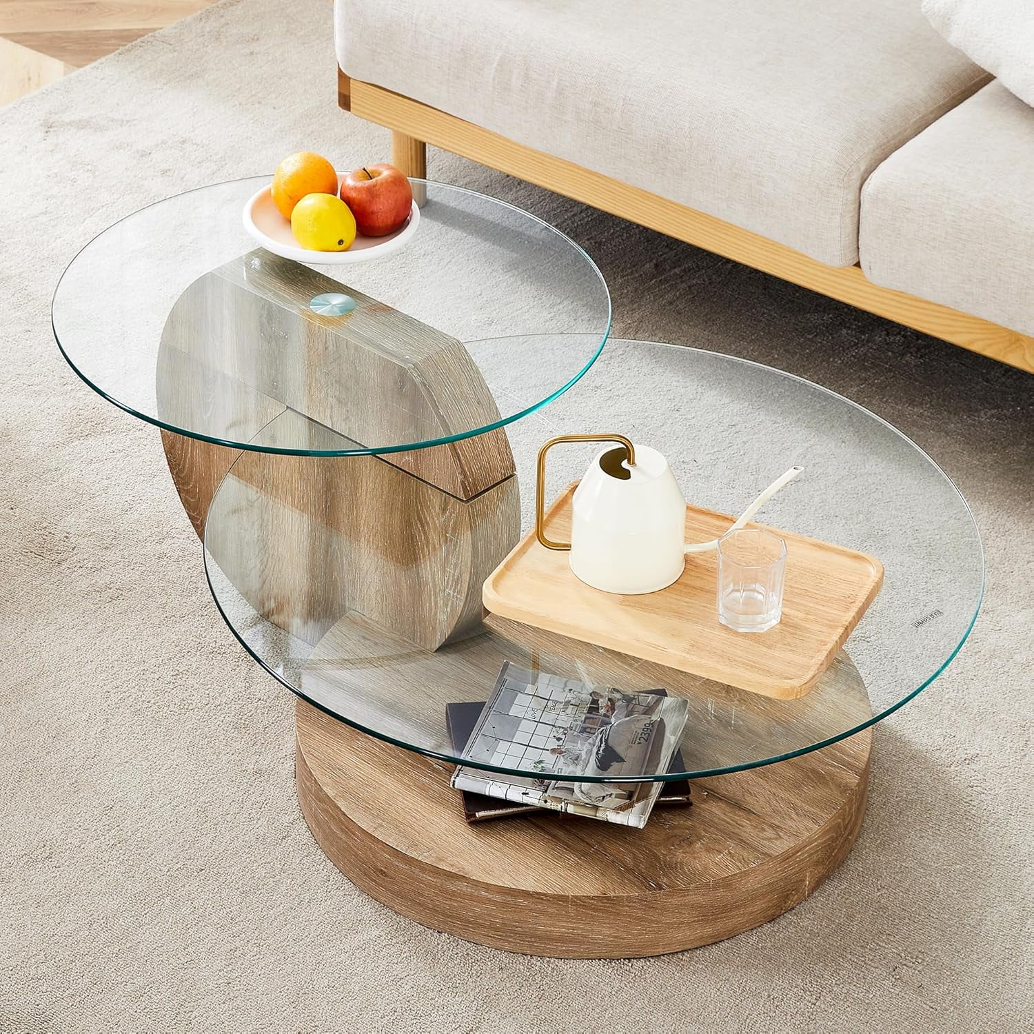 Glass Coffee Table, Modern Round Glass Coffee Table with Wooden Base, 3 ...