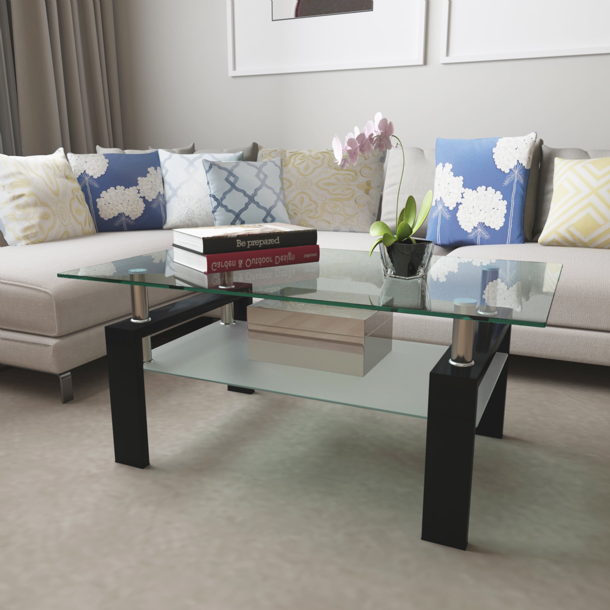 Glass Coffee Table, Rectangle Glass Coffee Table With Metal Tube ...