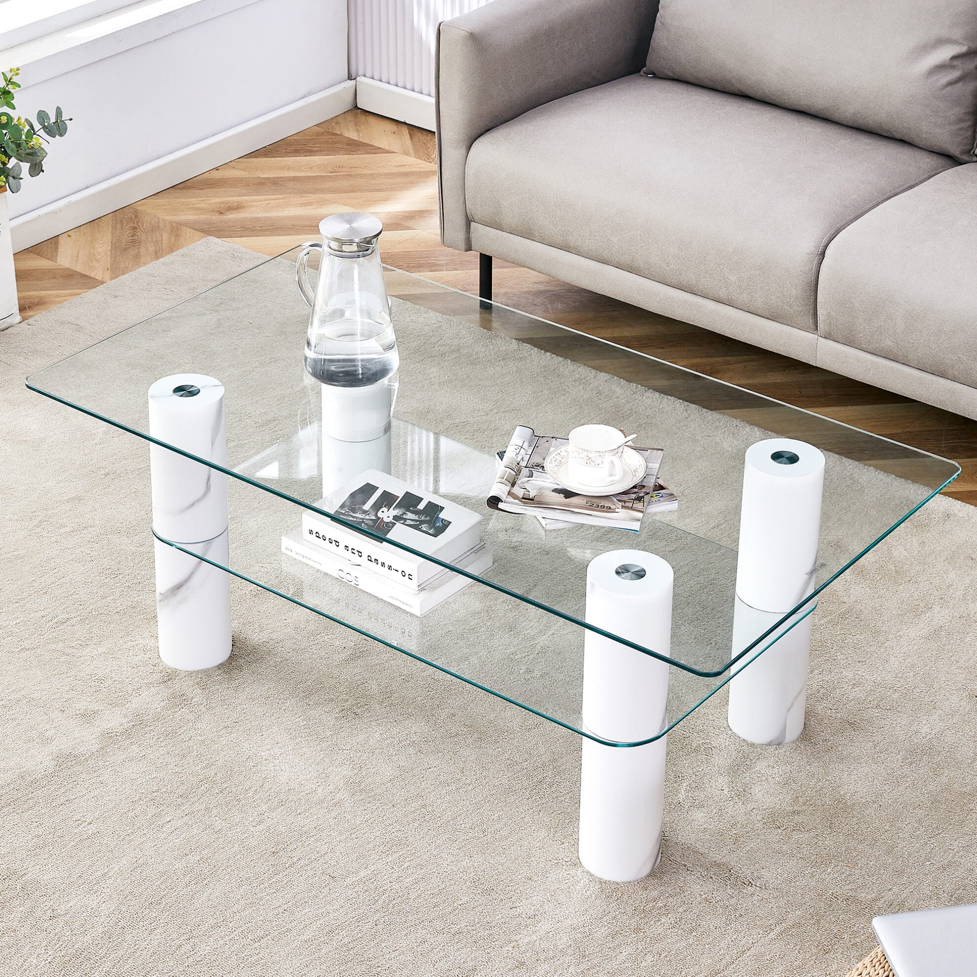 Glass Coffee Table, Rectangle Glass Coffee Table with Double Layer for ...