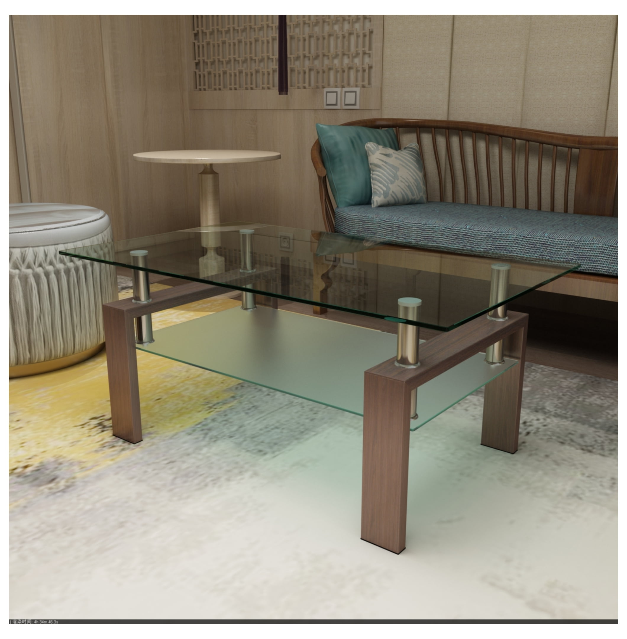 Glass Coffee Table, Rectangle Walnut Finish, Modern Center Side Table ...