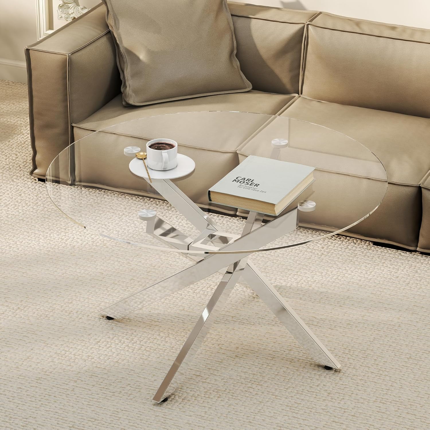 Glass Coffee Table, Round Coffee Table with Geometric Silver Metal ...