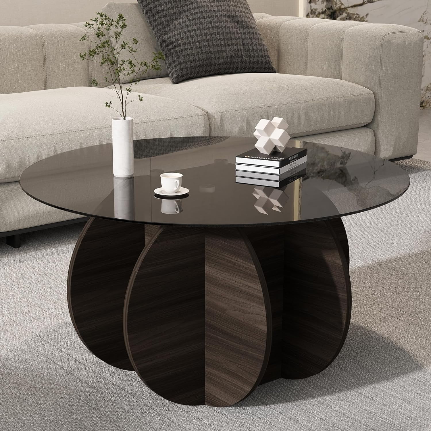 Glass Coffee Table, Round Coffee Table with Petal-Inspired Base, Modern ...