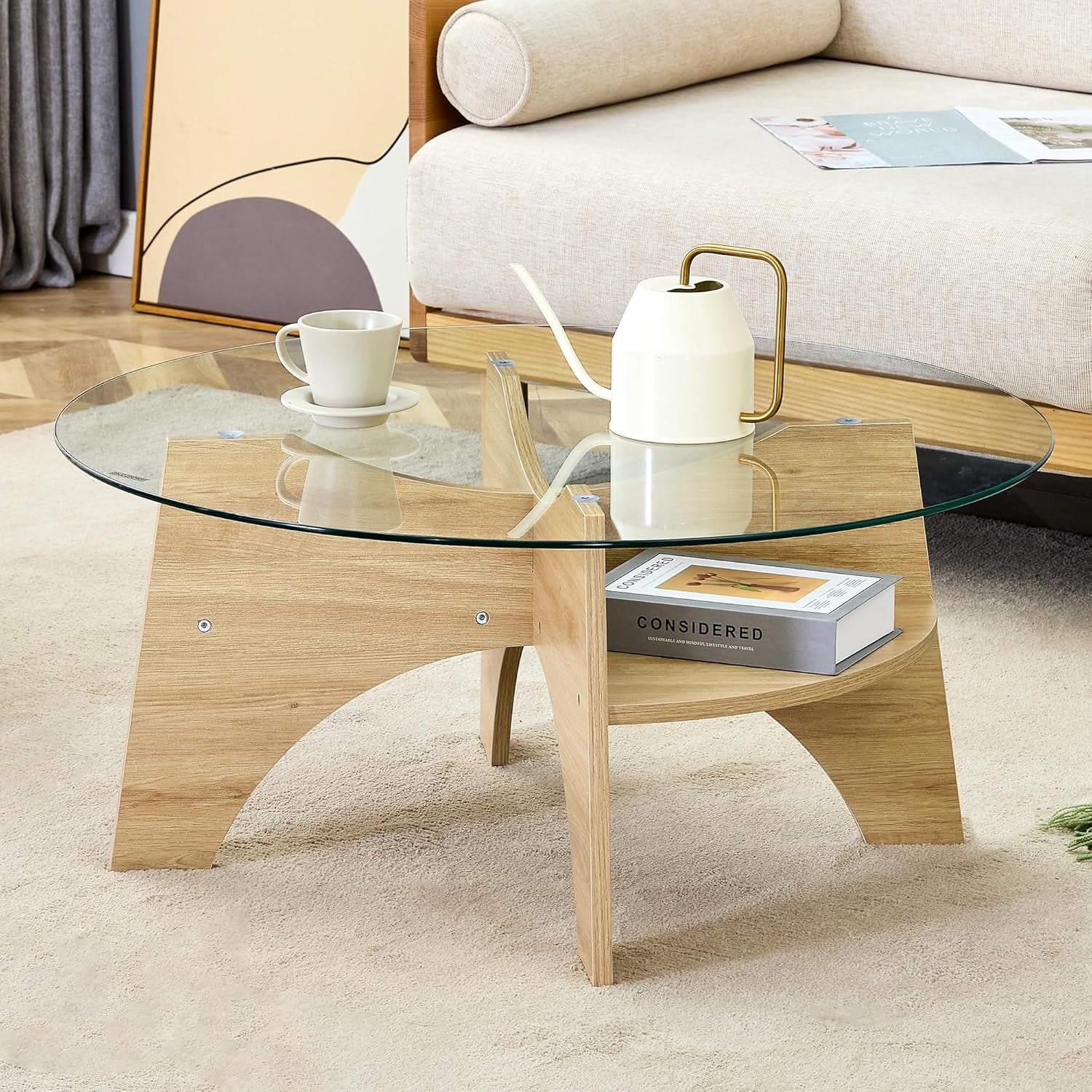 Glass Coffee Table, Round Coffee Table with Storage, 31.5" Clear Round ...