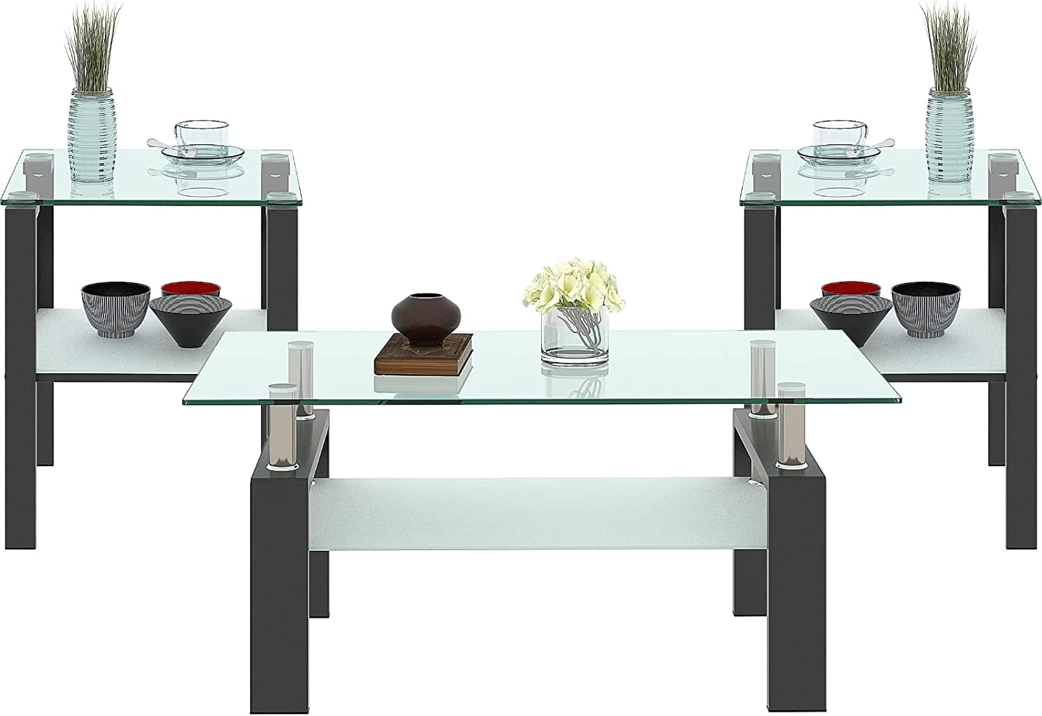 Walmart 3-Piece Glass Coffee Table Set, Black Metal Frame, Living Room ...