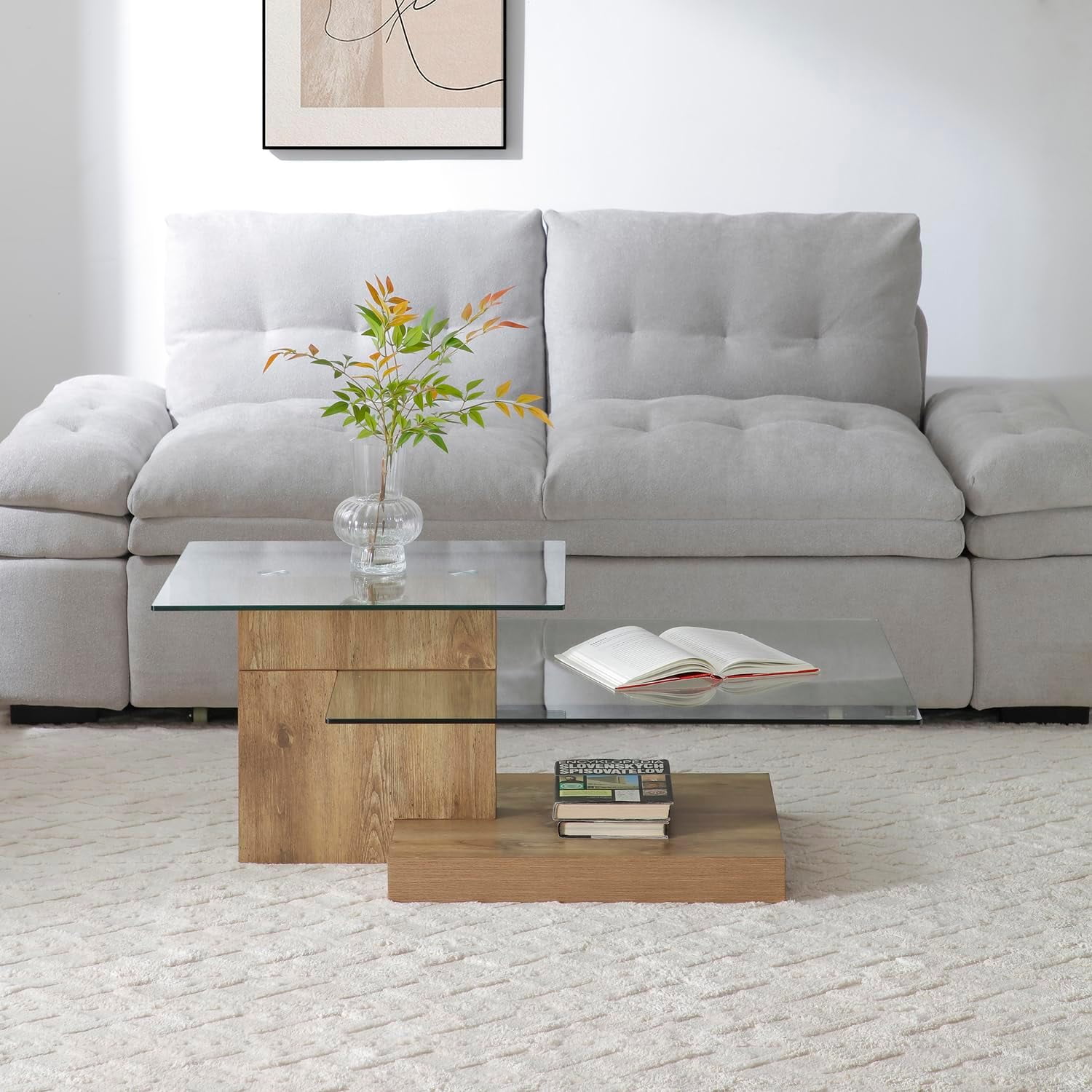 Glass Coffee Table with Storage, 44 Inch Rectangular Coffee Tables for ...