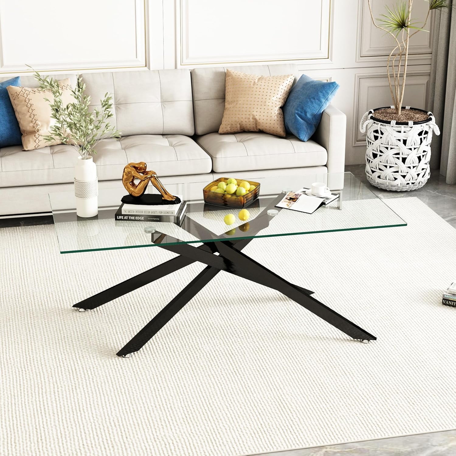 Glass Coffee Table for Living Room, Modern Rectangle Coffee Table with ...