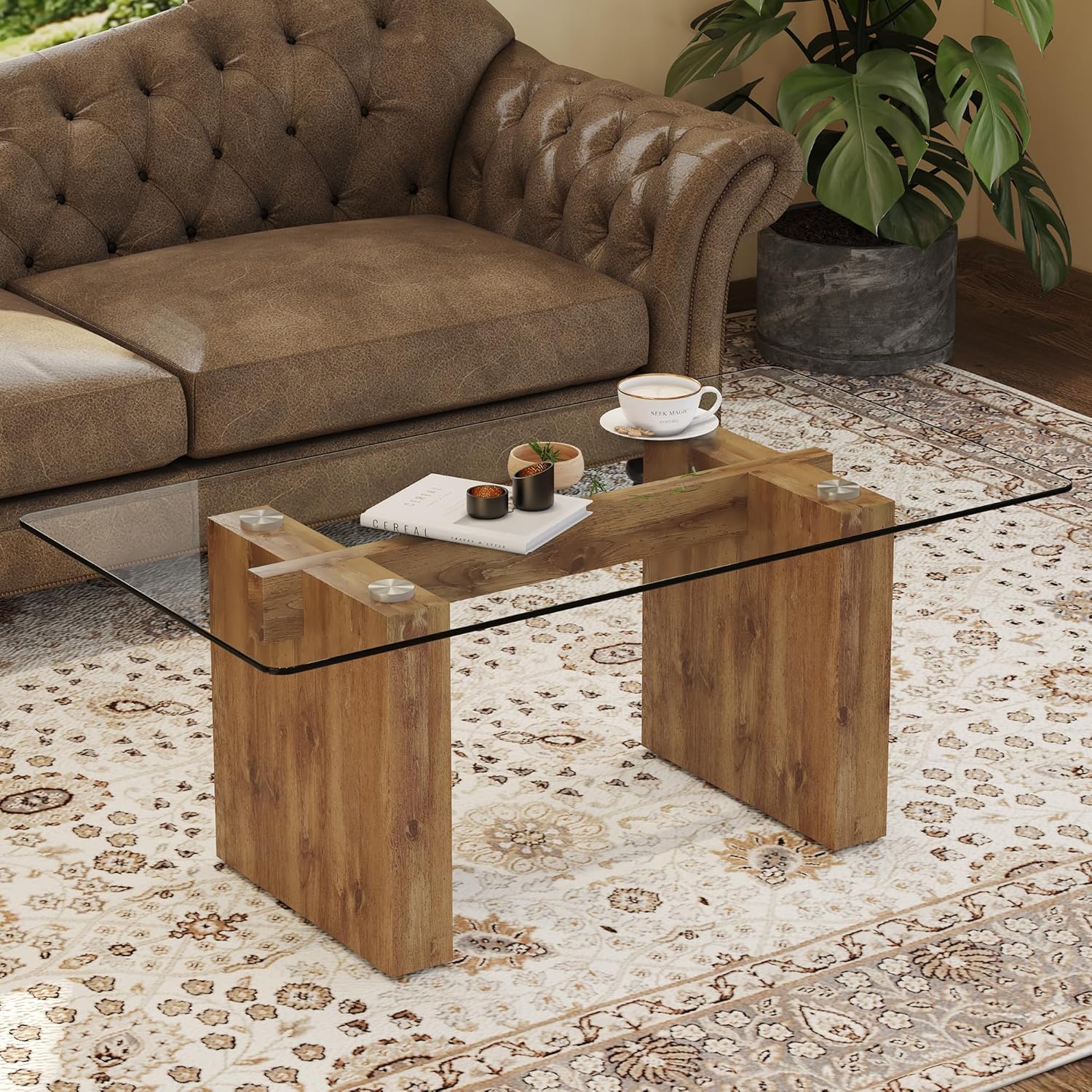 Glass Coffee Table for living room, modern rectangular tempered coffee ...