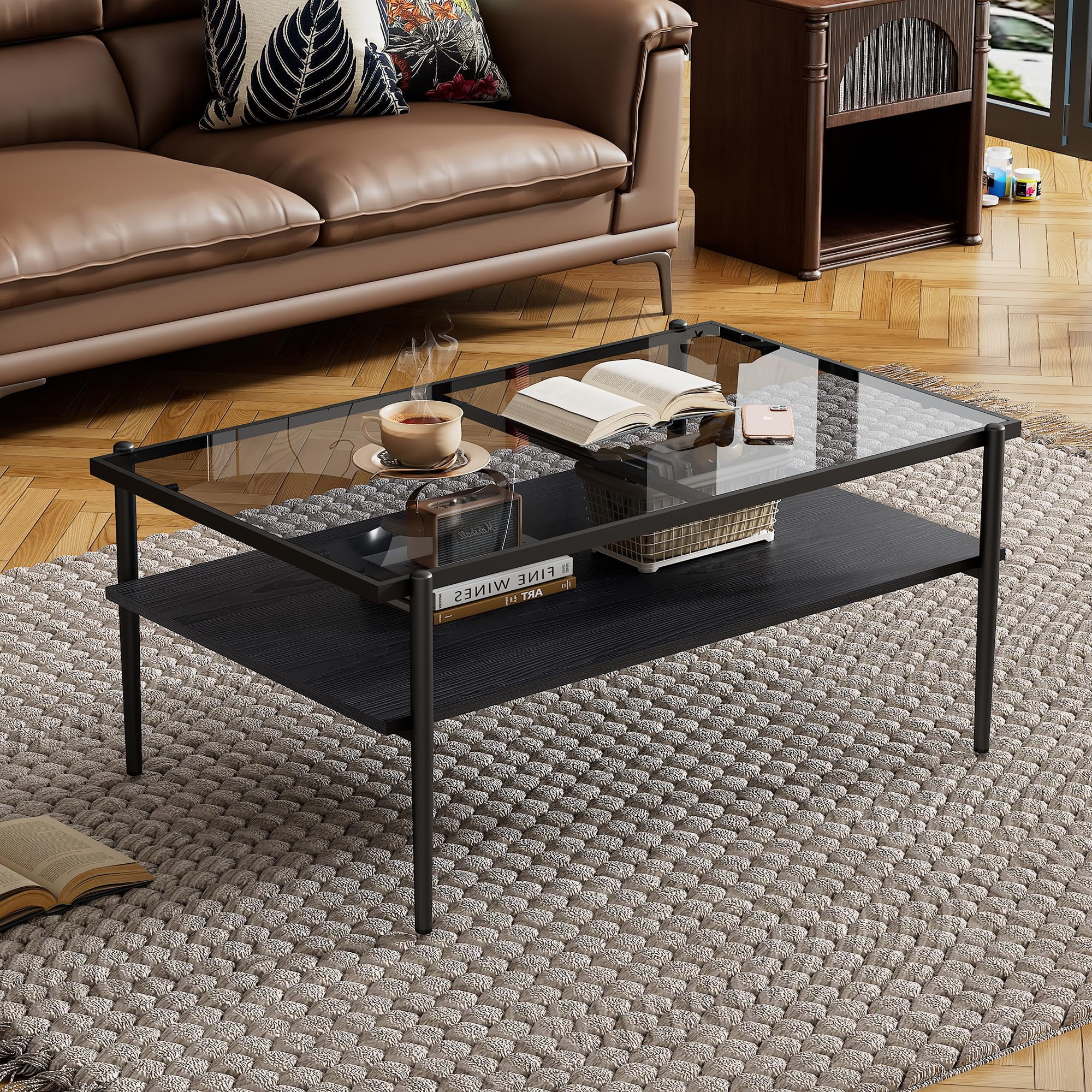 Glass Coffee Table with Double-Layer Storage Shelf, Modern Living Room ...