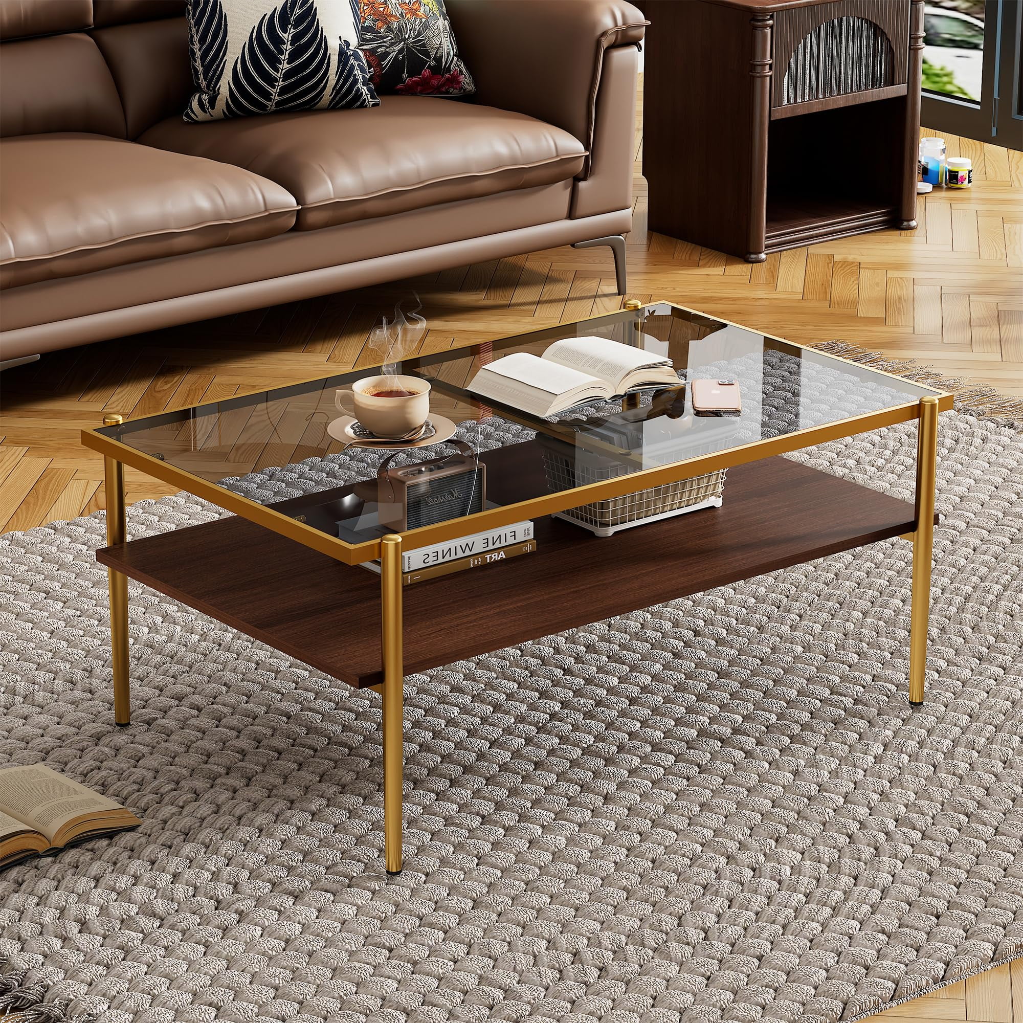 Glass Coffee Table with Double-Layer Storage Shelf, Modern Living Room ...