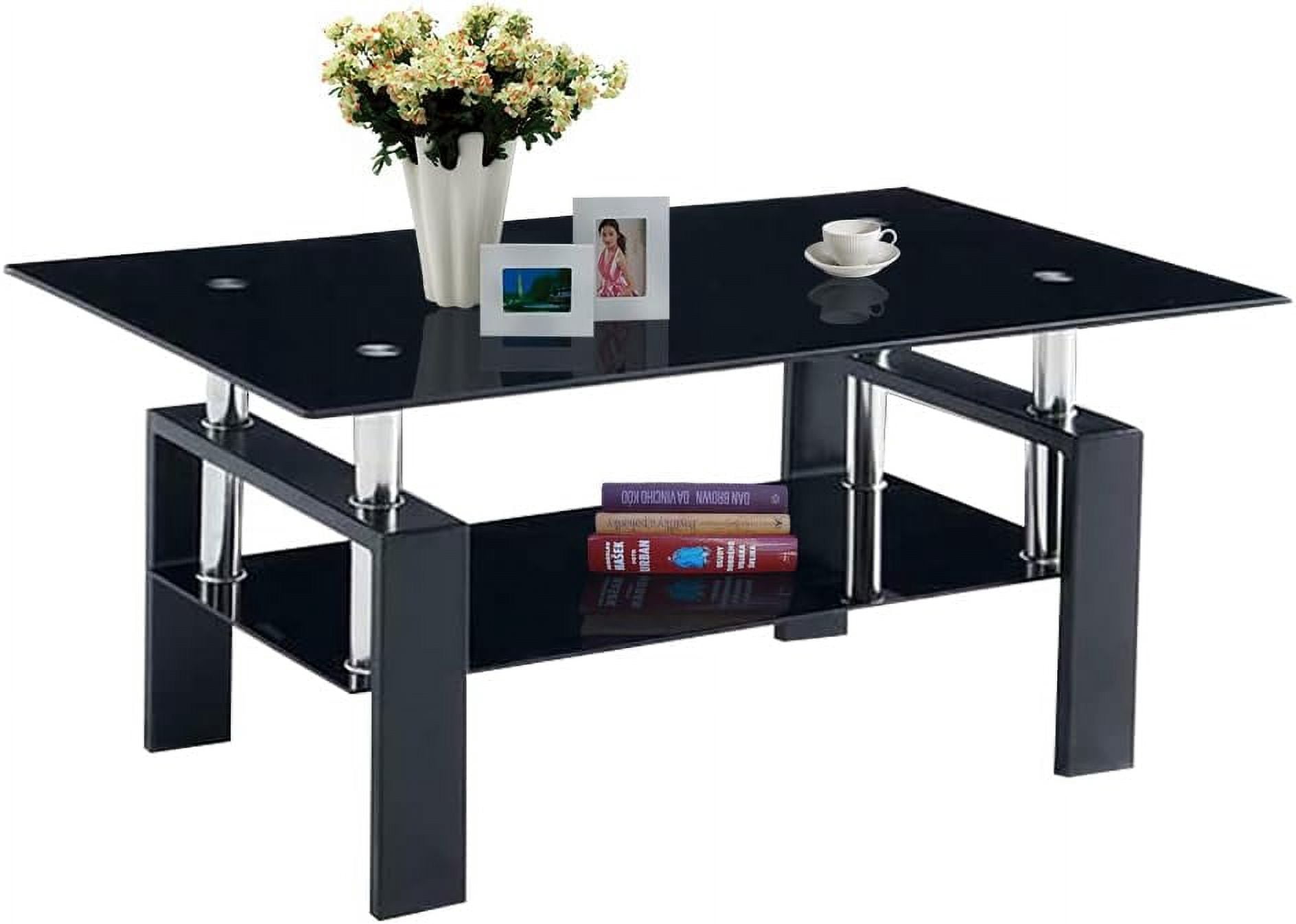 Glass Coffee Table with Metal Frame, Open Shelf Design for Living Room ...