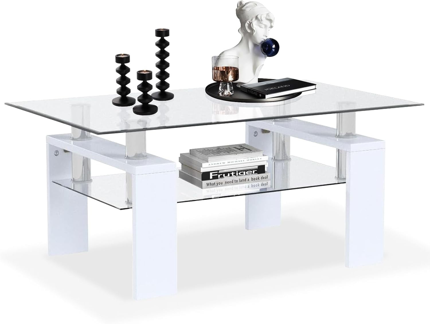 Glass Coffee Table with Stainless Steel Base,2 Tiers Glass Surface for ...