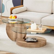 "Cottinch 50"" Top Wooden Long Triangle Glass Coffee Table, Wood Base ...