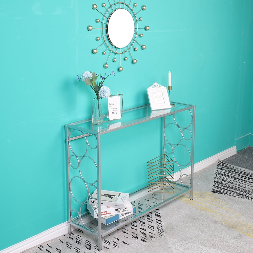 Glass Console Table with Shelf, 40" Narrow Sofa Side Table Porch Table ...