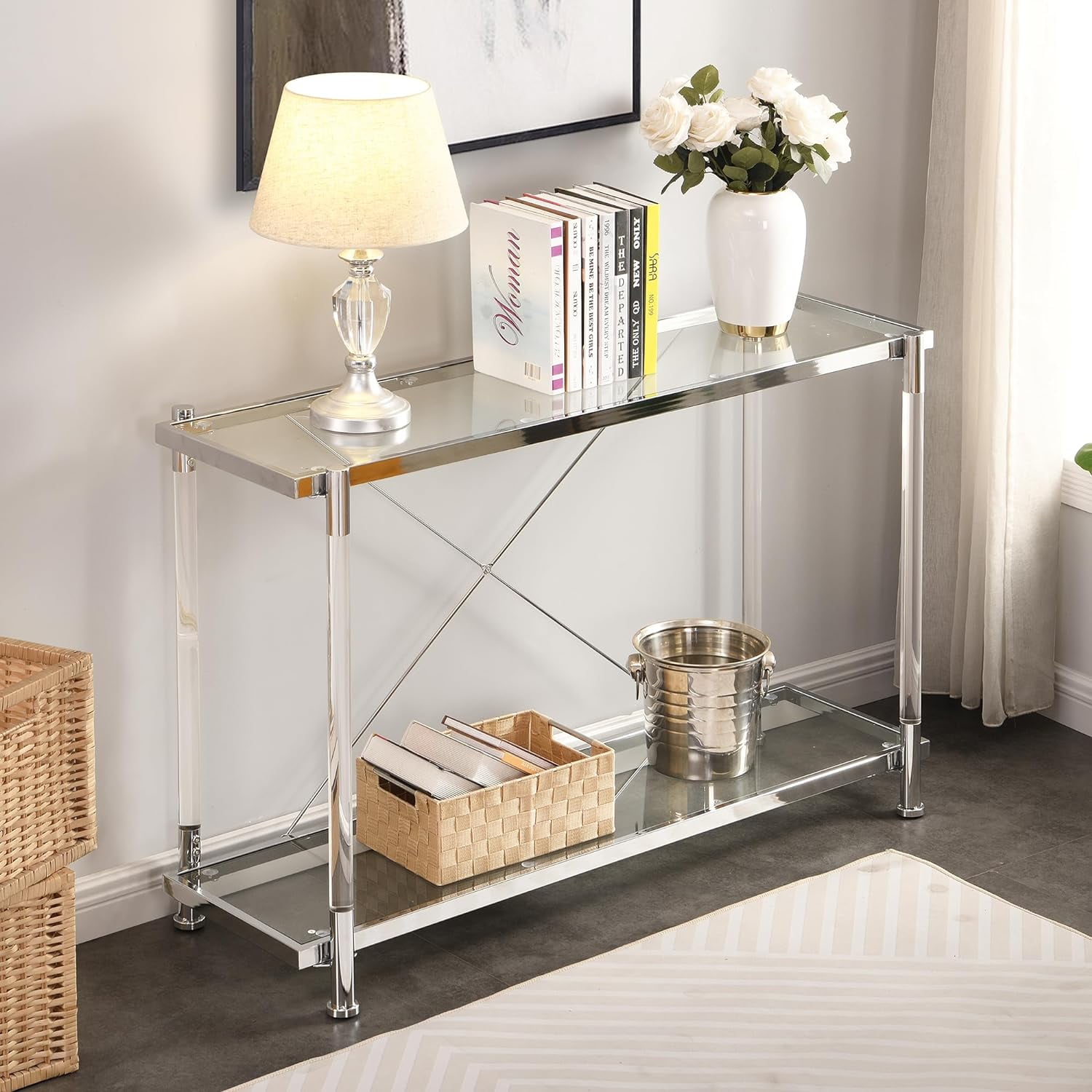 Glass Console Tables for Entryway, Acrylic Chrome Silver Sofa Side ...
