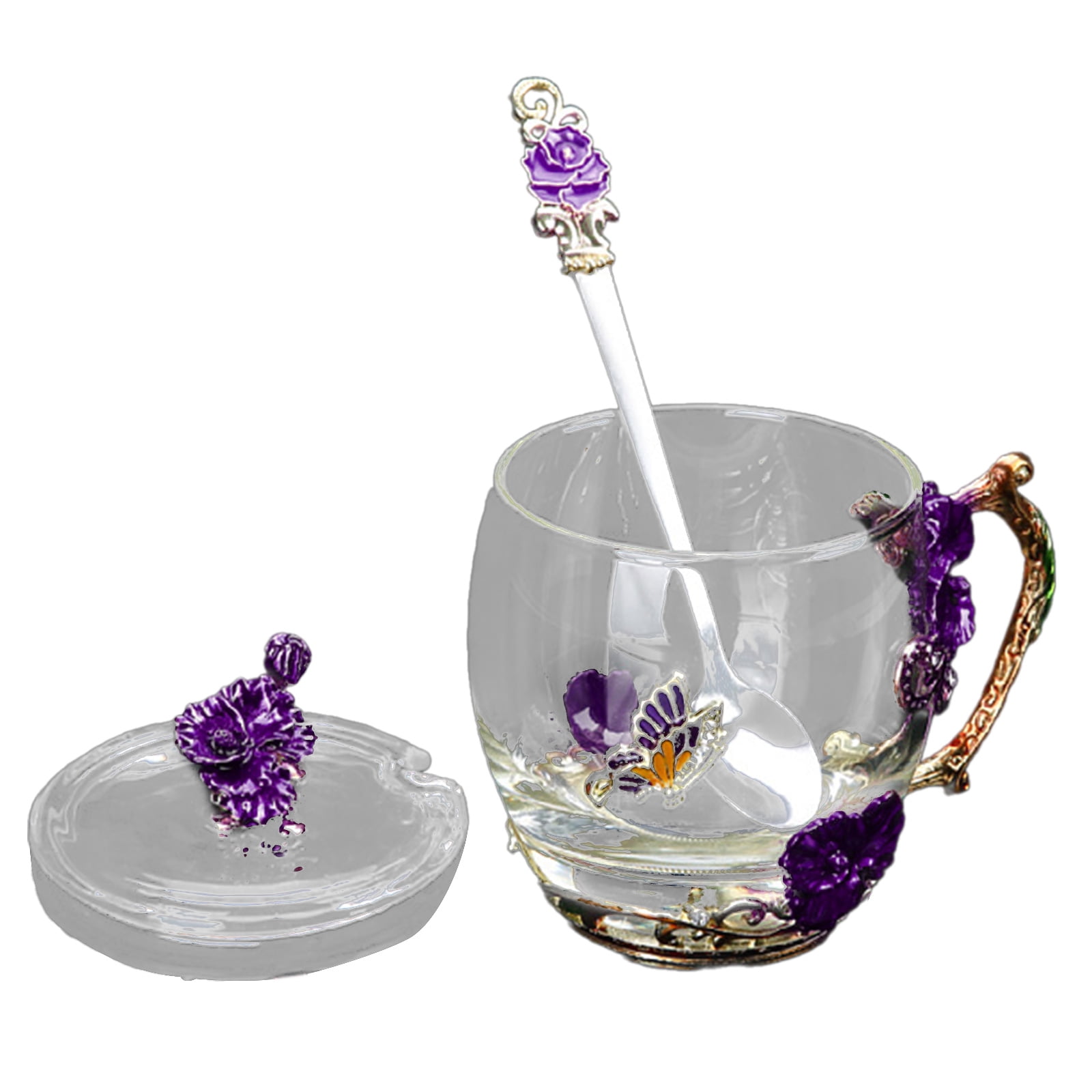 Glass Cup Set Pattern Glass Cup with Spoon Cup Milk Lemon Flower ...