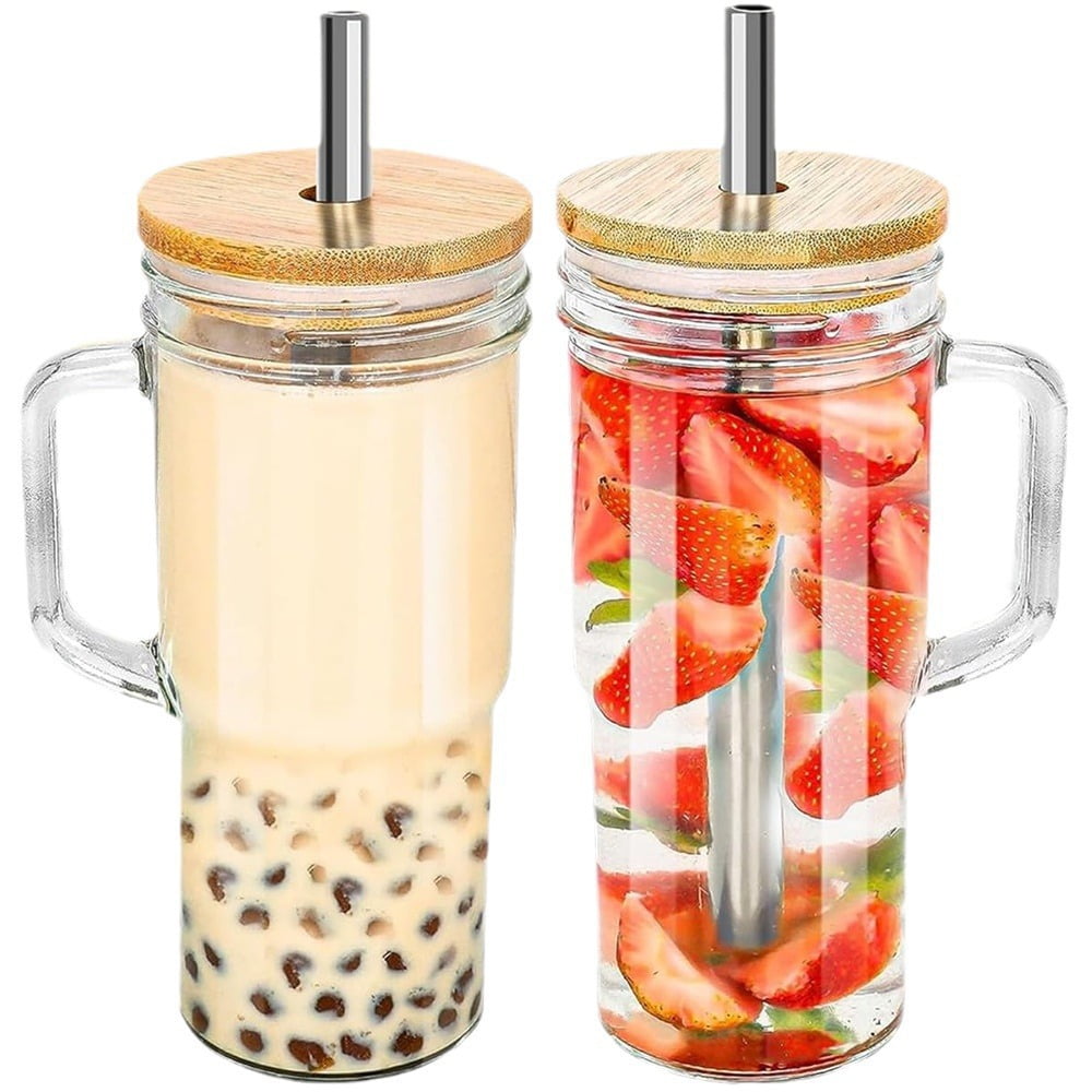 Glass Cups with Bamboo Lids and Straws, Tumbler Cups with Handle 24oz ...