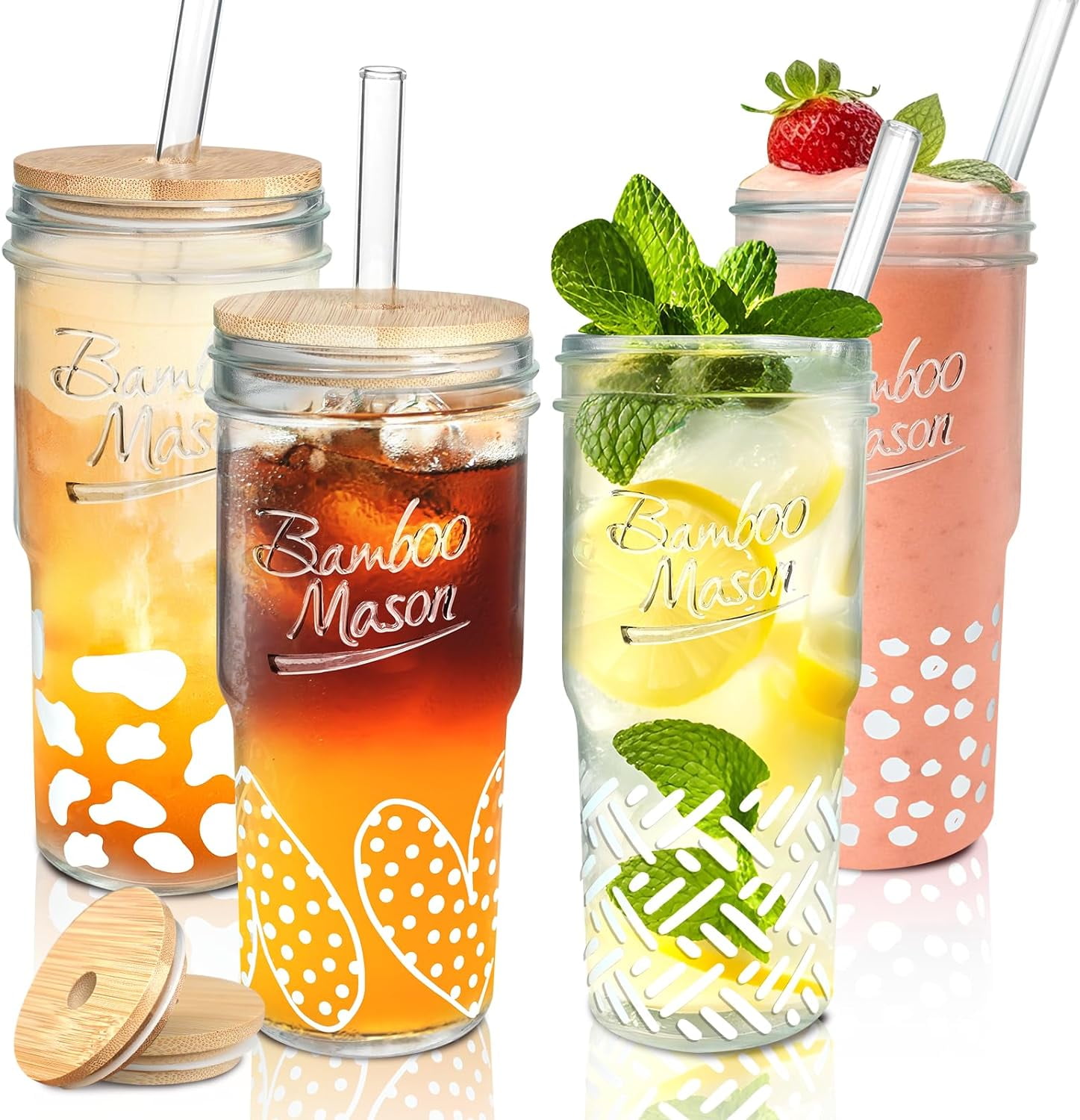 Glass Cups With Lids and Straws - 24 oz Iced Coffee Glass Tumbler Cute ...