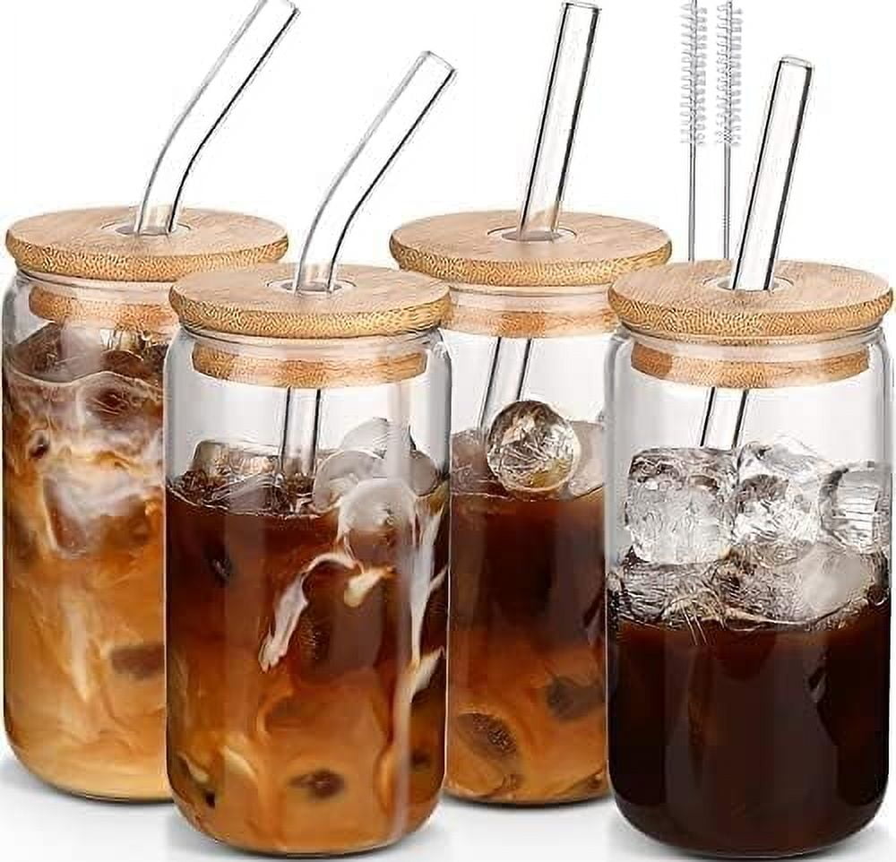 Glass Cups with Lids and Straws 4 pcs,16oz Drinking Glasses Set for ...