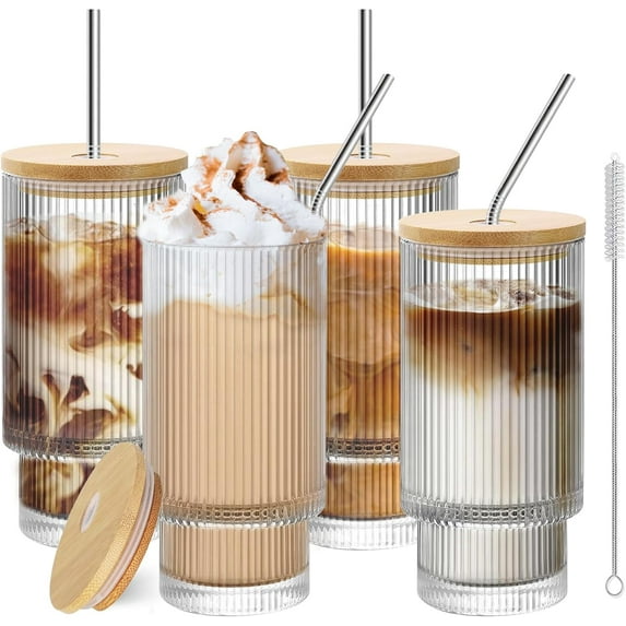 Glass Cups with Lids and Straws - Iced Coffee Cups, Clear Tumbler with ...