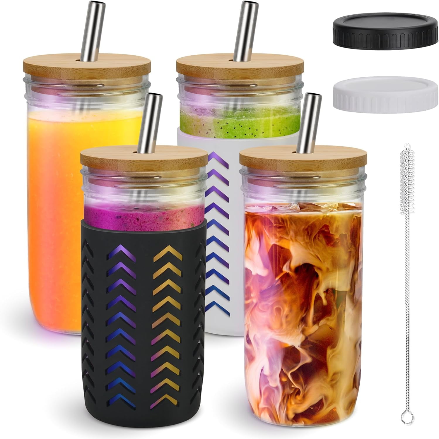 Glass Cups with Lids and Straws - Reusable Bamboo Drinking Glasses ...