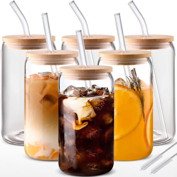 Glass Cups with Lids and Straws 4 pcs 16oz Reusable Drinking Glasses ...
