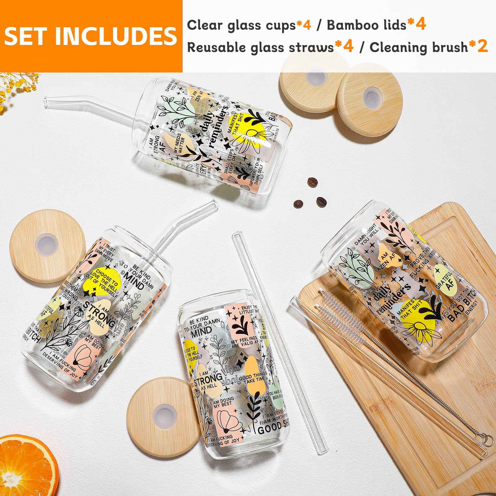 Glass Cups with Lids and Straws 4 pcs 16oz Reusable Drinking Glasses ...