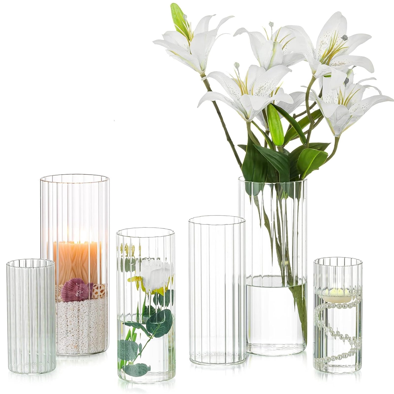 BLOSMON 6" 8" 10" Ribbed Glass Cylinder Vases, Set of 6 - Walmart.com