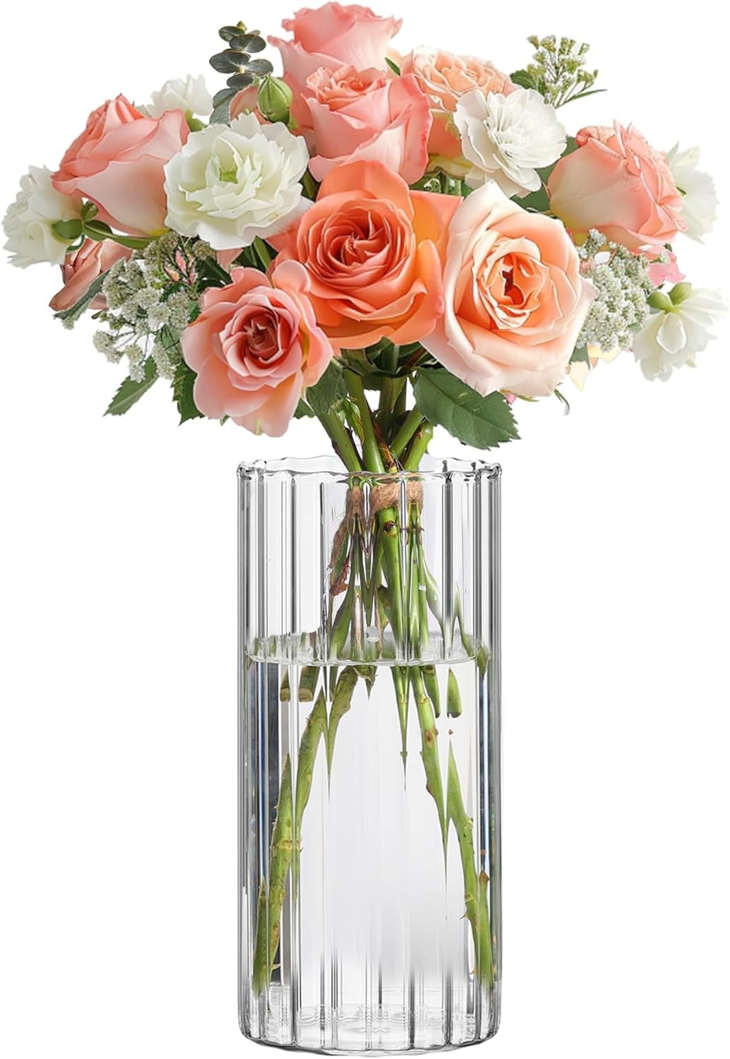 Glass Cylindrical Vase, Flower Vase for Centerpiece, 8 Inch Tall Ribbed ...