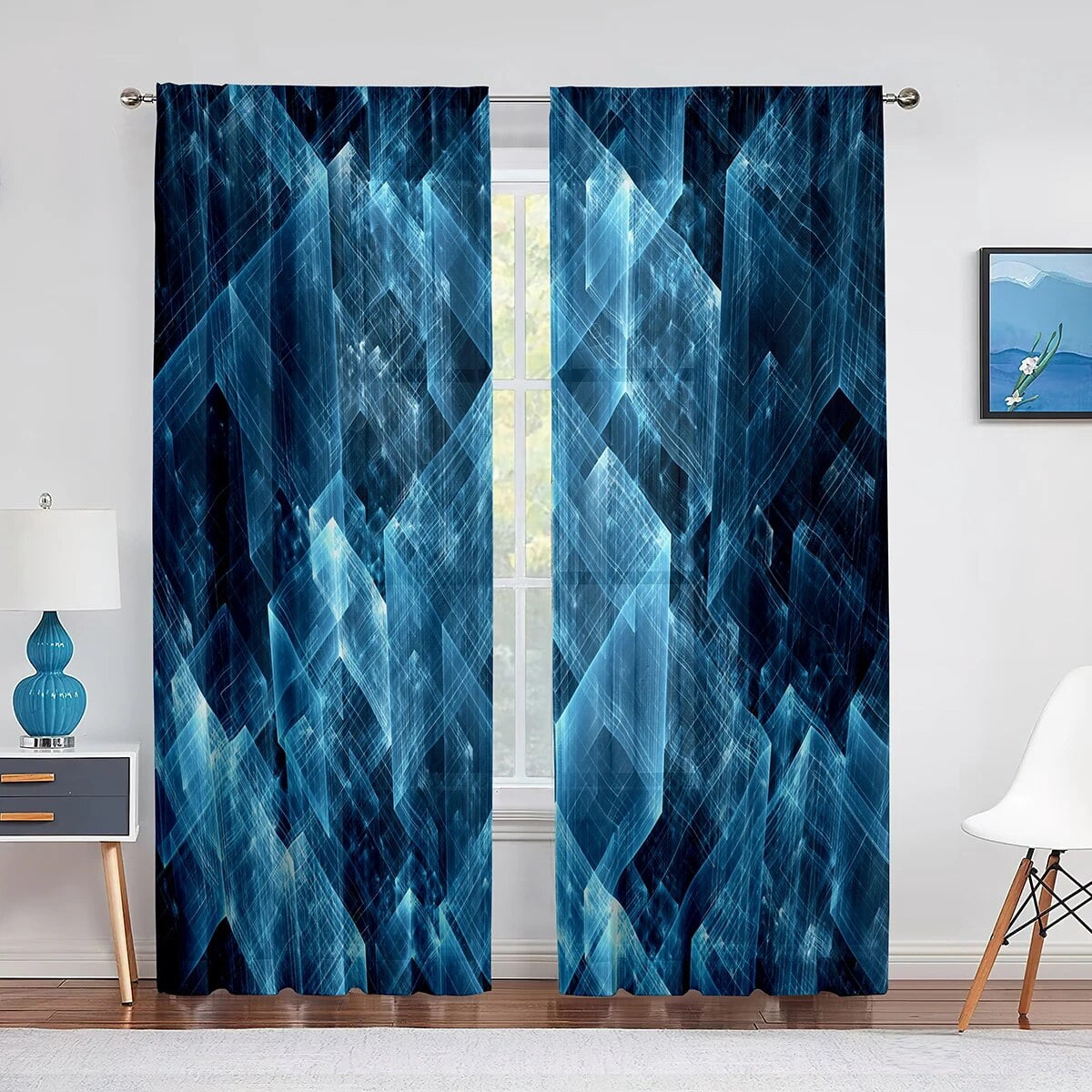 Glass Debris Liquid Shade Blue Abstract Sheer Voile Curtain for Living ...